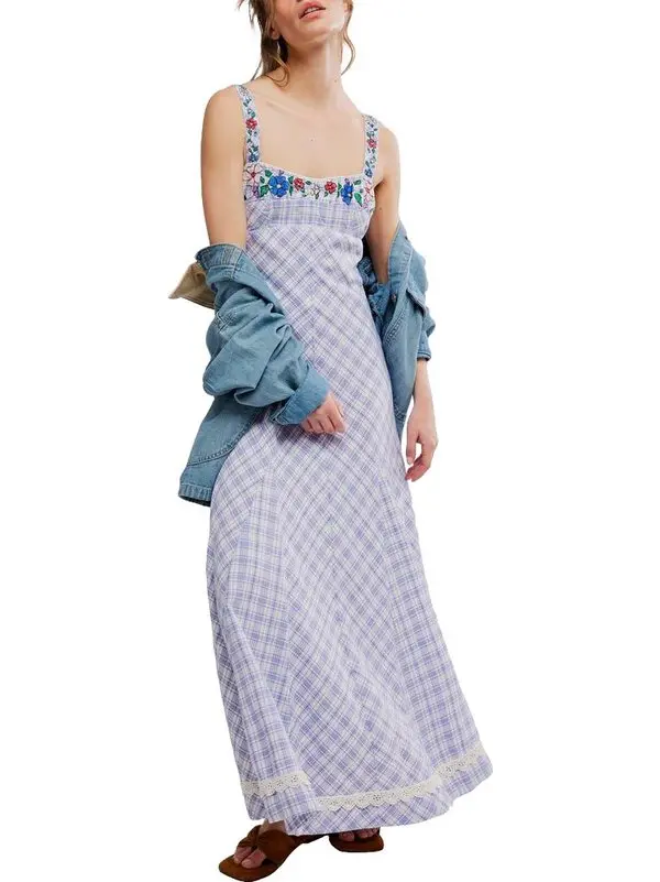 Free People Havenwood Embroidered Check Maxi Dress - White Combo