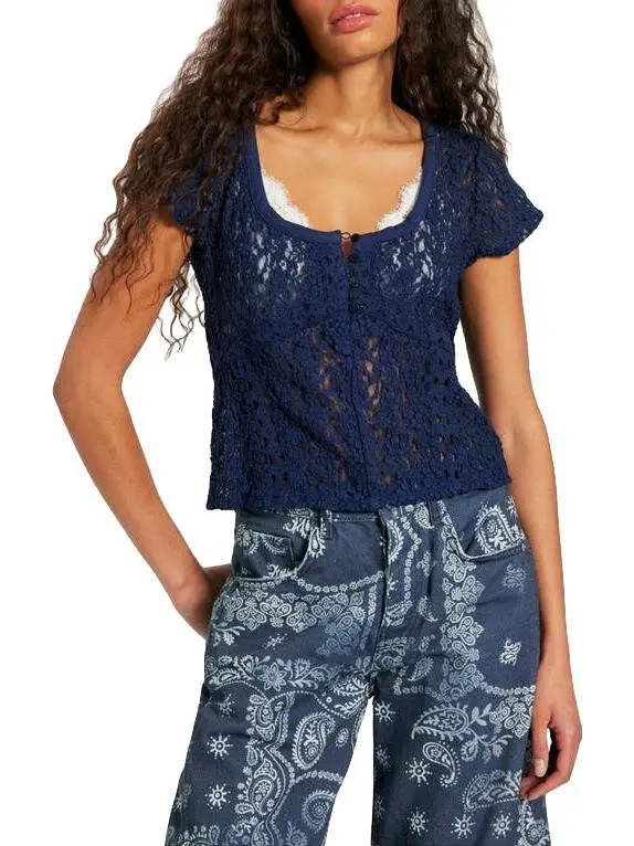 Free People Claro Semi-sheer Lace & Tulle Top - Navy Academy