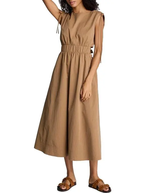 KENNETH COLE Cutout Detail Ruched Waist Cotton Midi Dress - Mesquite