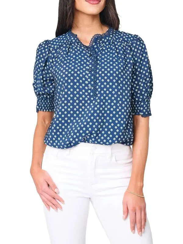 GIBSONLOOK Lace Trim Puff Sleeve Top - Navy Daisy