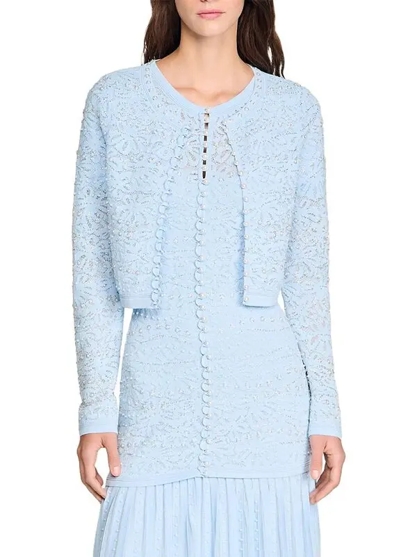 Sandro Cropped Embellished Cardigan - Sky Blue