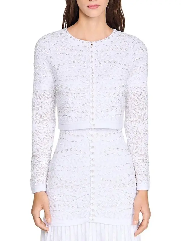 Sandro Cropped Embellished Cardigan - White