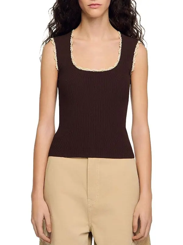 Sandro Belize Crochet Trim Tank Top - Brown