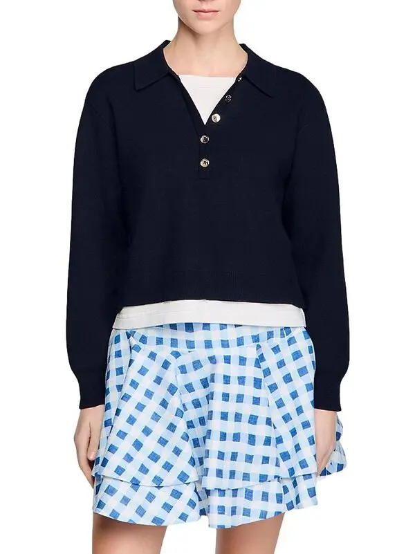 Sandro Layered Effect Knit Sweater With Collared Neckline - Navy Blue