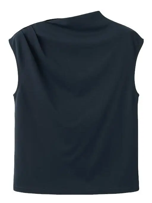 Mango Gathered Asymmetric Neck Top - Navy