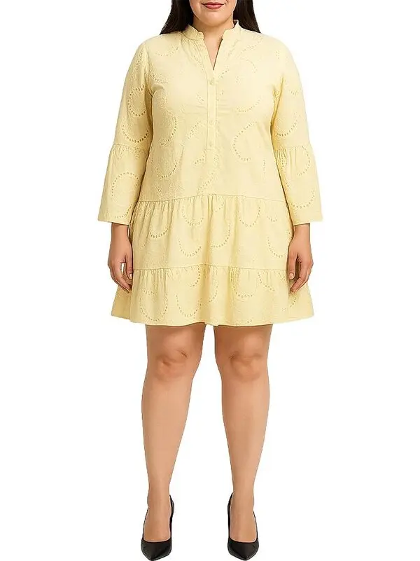 STANDARDS & PRACTICES Plus Eyelet Tiered Dress With Bell Sleeves - Yellow
