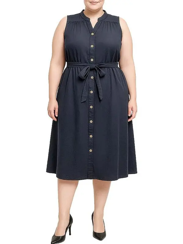 STANDARDS & PRACTICES Plus Button Front Self Tie Sleeveless Midi Dress - Navy