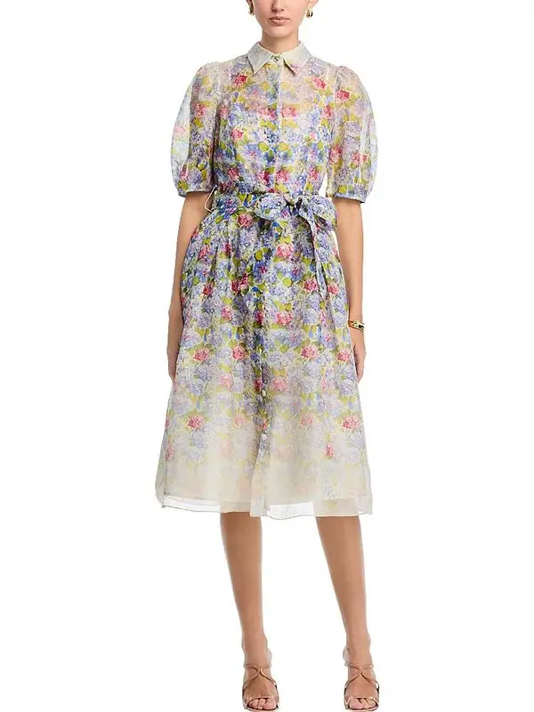 Rickie Freeman For Teri Jon Silk Linen Printed Puff Sleeve Dress - Purple Multi
