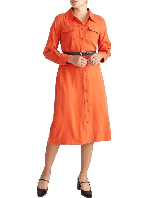 Universal Standard Cooling Long Sleeve Stretch Cupro Blend Shirtdress - Orange Flame