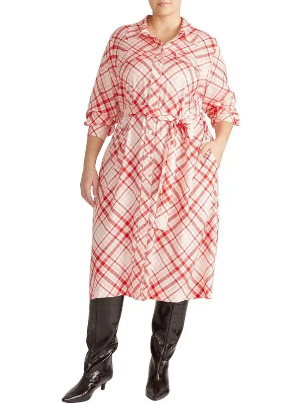 Universal Standard Cooling Long Sleeve Stretch Cupro Blend Shirtdress - Red Check Print