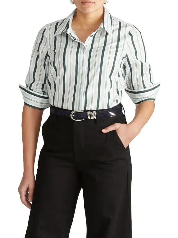 Universal Standard Elbe Stretch Poplin Button-up Shirt - Green/white Stripe