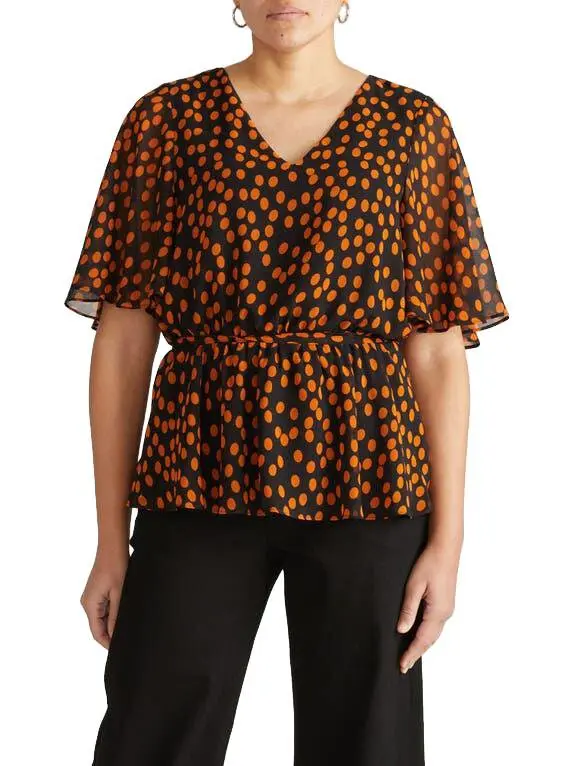 Universal Standard Milou Faux Wrap Top - Black/orange Dot Print
