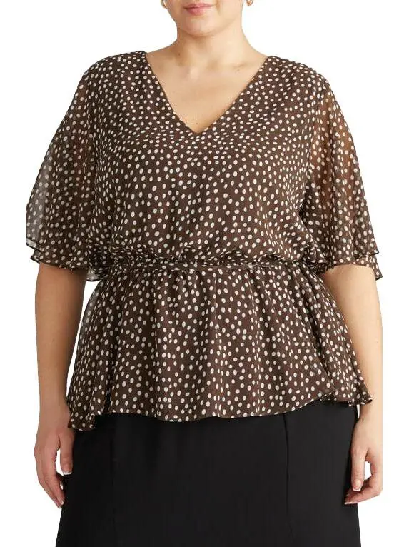 Universal Standard Milou Faux Wrap Top - Brown/white Dot Print