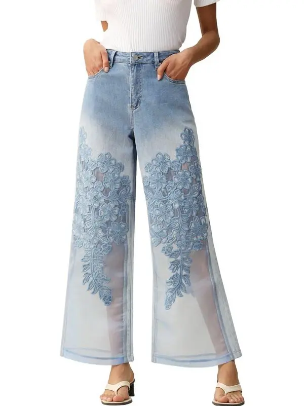 BAYEAS Embroidered High-waist Wide-leg Jeans - Light Blue