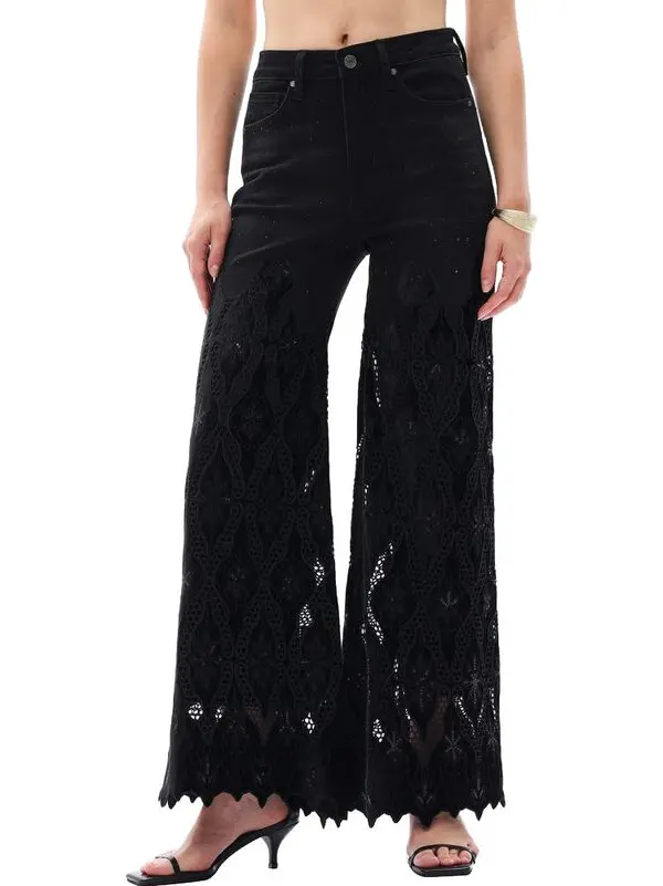 BAYEAS Rhinestone Embroidered High-waist Wide-leg Jeans - Black