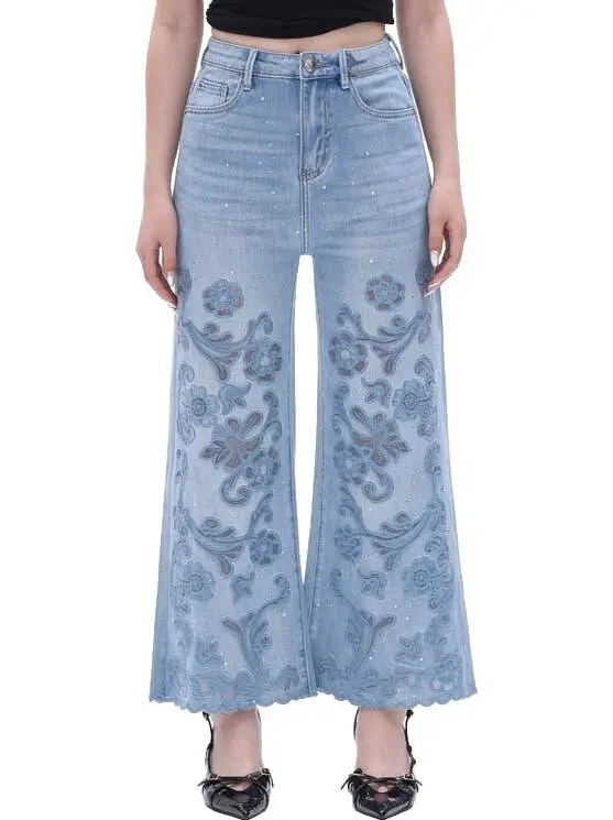 BAYEAS Rhinestone Floral Embroidered High-waist Wide-leg Jeans - Light Blue