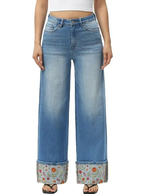 BAYEAS Floral Embroidered High Waist Wide Leg Jeans - Medium Blue