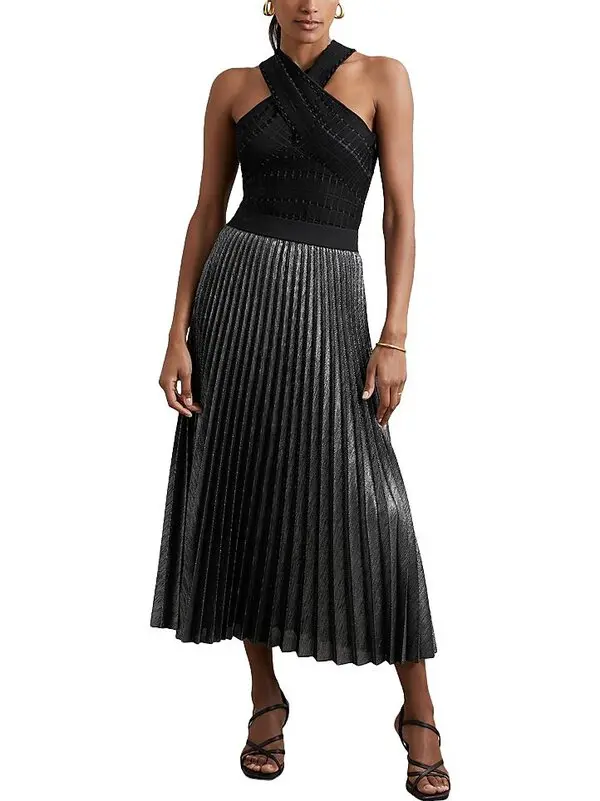 REISS Metallic Pleated Midi Skirt - Charcoal Grey