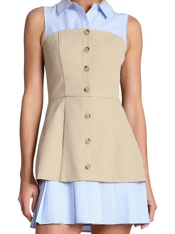 Avec Les Filles Sleeveless Twofer Dress - Khaki/blue Stripe