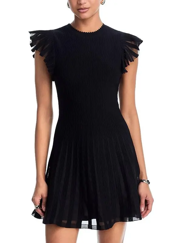 MILLY Sheer Flutter Sleeve Knit Dress - Black