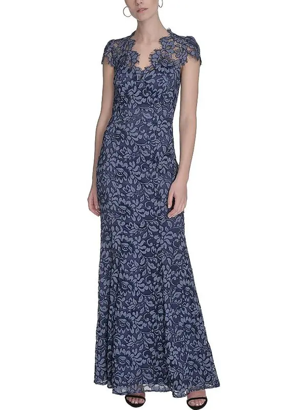 Eliza J Scalloped-edge Lace Gown - Denim
