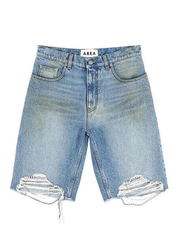 AREA Crystal Strands Frayed Denim Shorts - Medium Blue