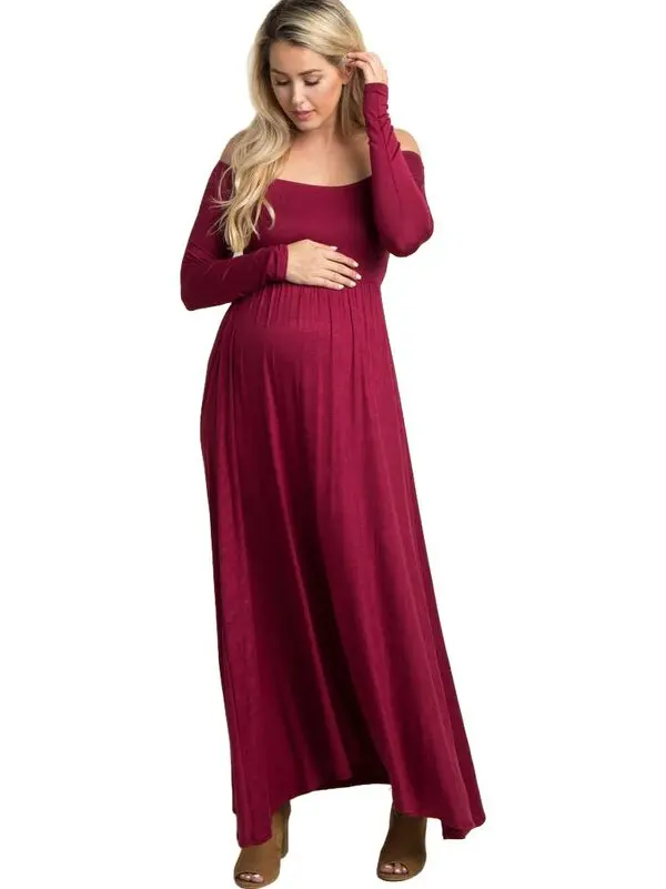 PINKBLUSH Off Shoulder Maternity Maxi Dress - Burgundy