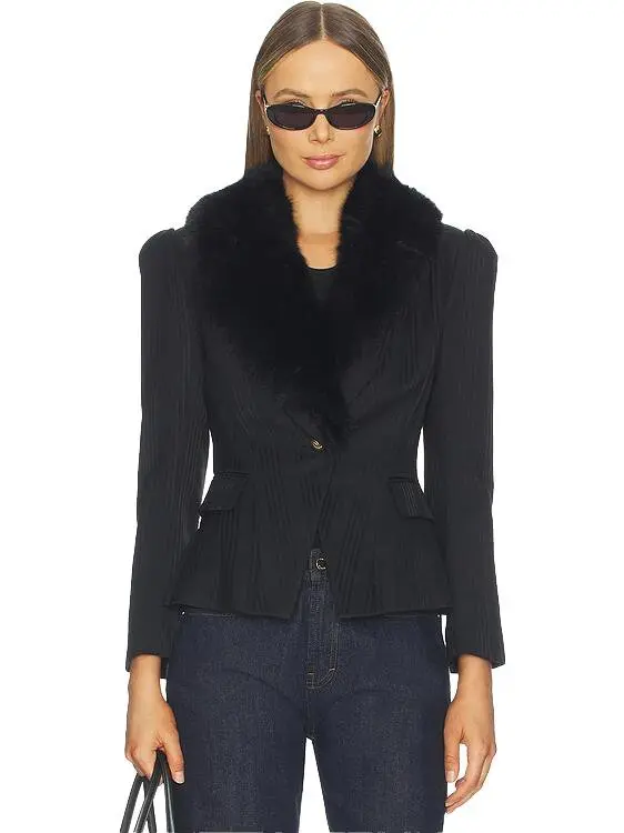 L'Agence Kaisley Fur Collar Blazer - Black Shadow Stripe