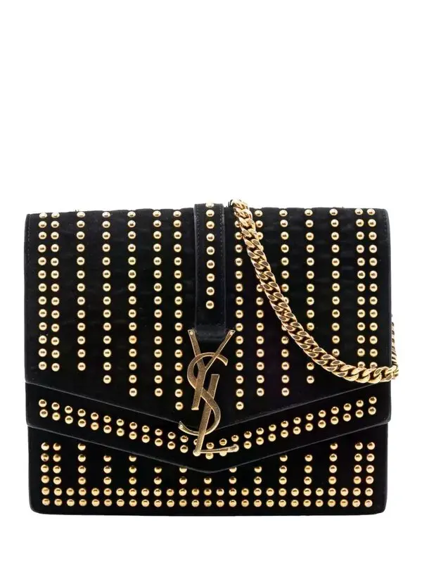 Saint Laurent 2018 Medium Studded Suede Monogram Sulpice Crossbody Bag - Black