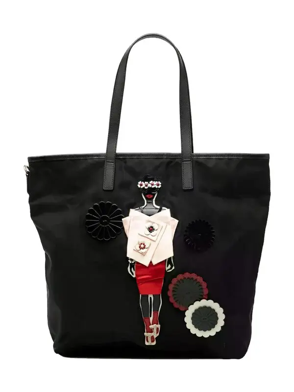 Prada Saffiano Trimmed Tessuto Applique Tote Bag - Black