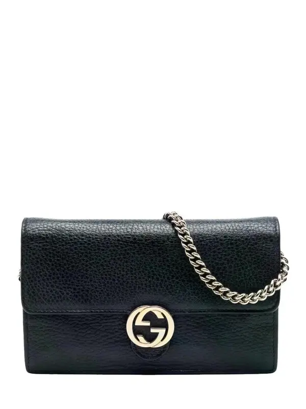 Gucci Leather Interlocking G Wallet On Chain - Black