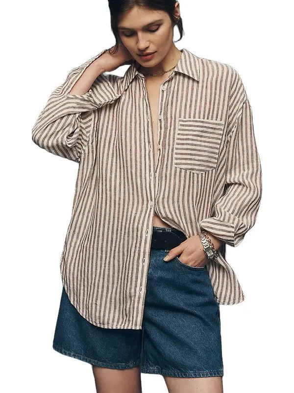Maeve Bennet Linen Buttondown Shirt - Brown Stripe