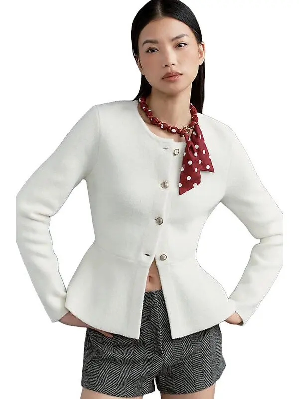 NVLT Sculpted Knit Collarless Blazer Jacket - Cream