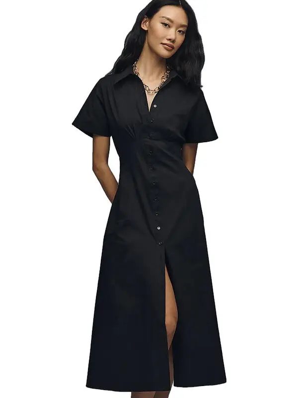 EXQUISE Raina Short-sleeve Midi Shirt Dress - Solid Black