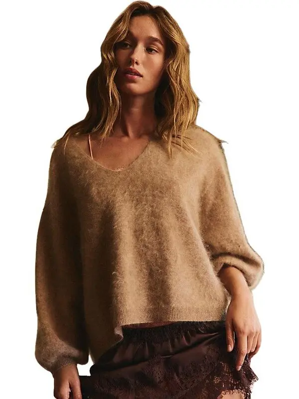 Free People Ava Brushed Cashmere Pullover - Soil