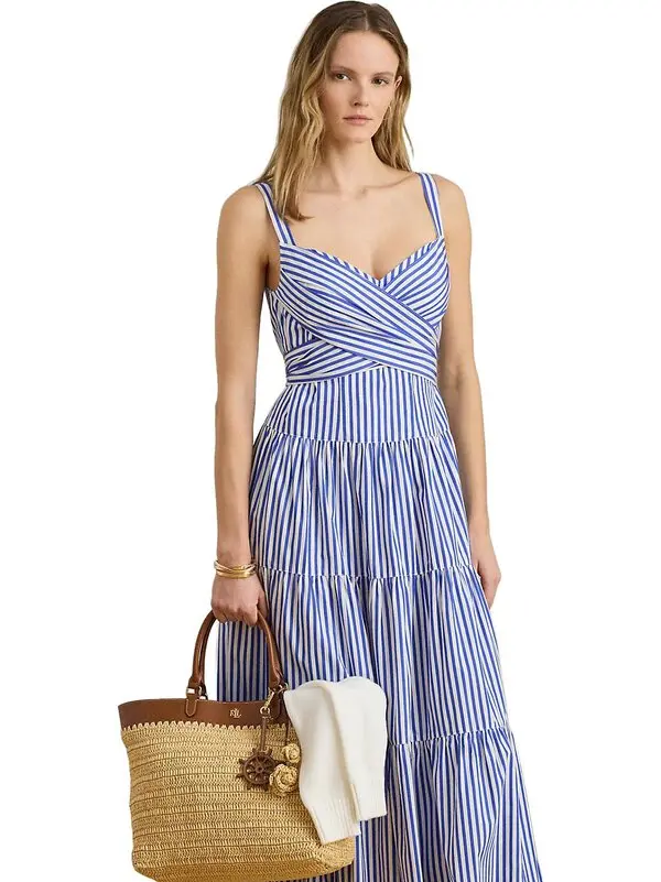 Ralph Lauren Striped Cotton Broadcloth Tiered Dress - Blue/white