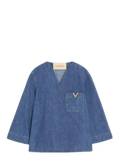 Valentino Garavani Denim Chambray Shirt With V Gold - Blue