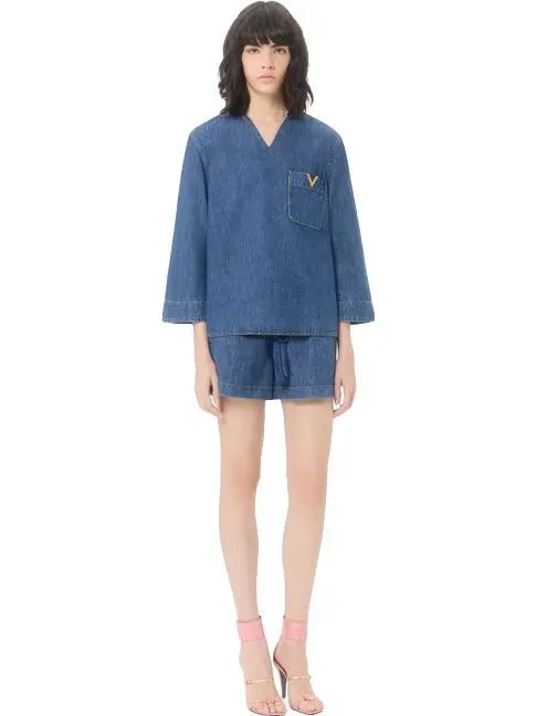 Valentino Garavani Denim Chambray Shirt With V Gold - Blue