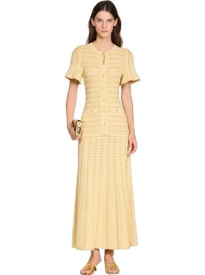 Sandro Rhinestone Embellished Textured Knit Maxi Dress - Gold