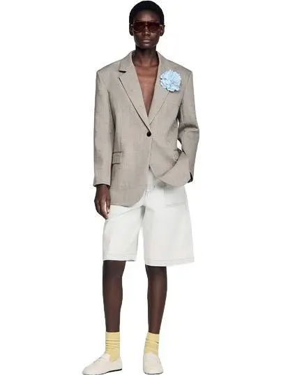 Sandro Checked Suit Jacket With Removable Flower Brooch - Natural