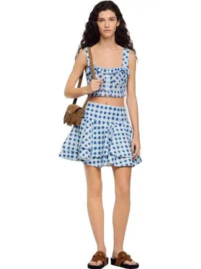 Sandro Gingham Linen Blend Mini Skirt - Red