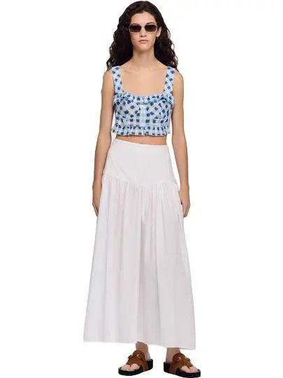 Sandro Maxi Gingham Linen Skirt - Natural