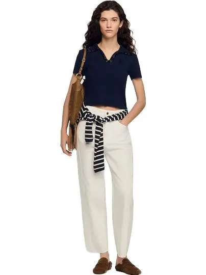 Sandro Cropped Polo With Beaded Collar - Blue / Navy