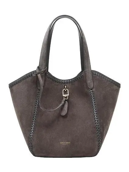 Giorgio Armani Suede Handbag With Woven Leather Detailing - Grey