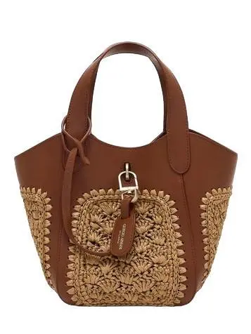 Giorgio Armani Small Leather Handbag With Fan-stitch Raffia - Beige