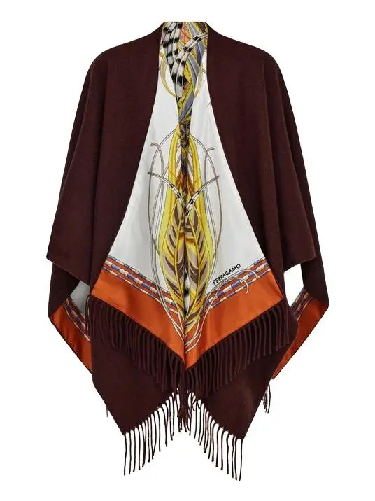 FERRAGAMO Cashmere And Silk Cape With Rooster Print - Chocolate