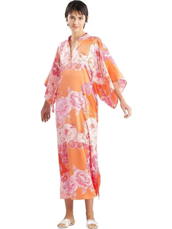 Natori Printed Satin Mandarin Butterfly Caftan - Floral