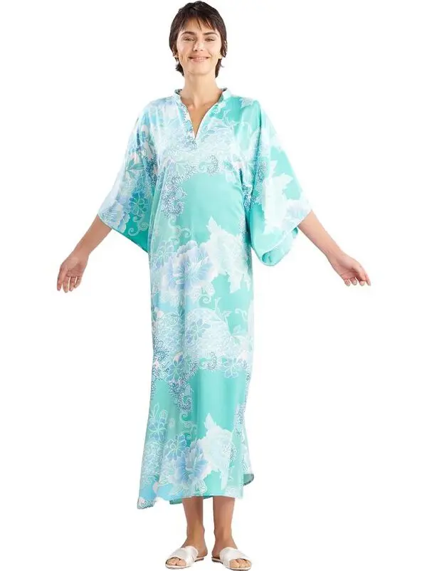 Natori Printed Satin Mandarin Butterfly Caftan - Floral