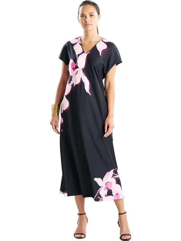 Natori Orchida Short Sleeve Caftan - Black