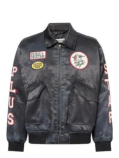 DUKE + DEXTER Satin Bomber Jacket With Patches - Black